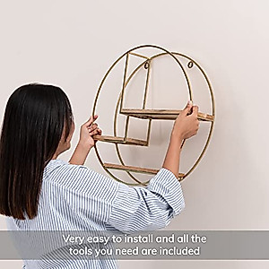 MH London Round Gold Shelf - Lemar Circle Wall Shelf Made from Metal and Wood I Gold Accent Decor Suits Bedrooms, Bathrooms, Kitchens, Living Rooms & Halls | Decorative Modern Display Shelf Size