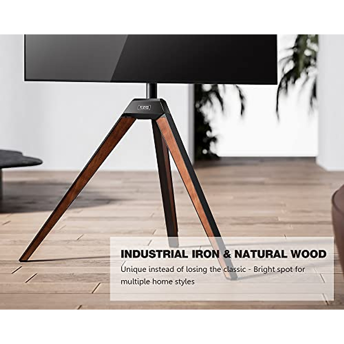 FITUEYES Design Corner TV Stand for 37 43 50 55 65 Inch TV, Tripod TV Stand Modern Easel TV Floor Stand for LED LCD Screens with Concealed Storage Wood Iron TV Furniture, Picasso Series