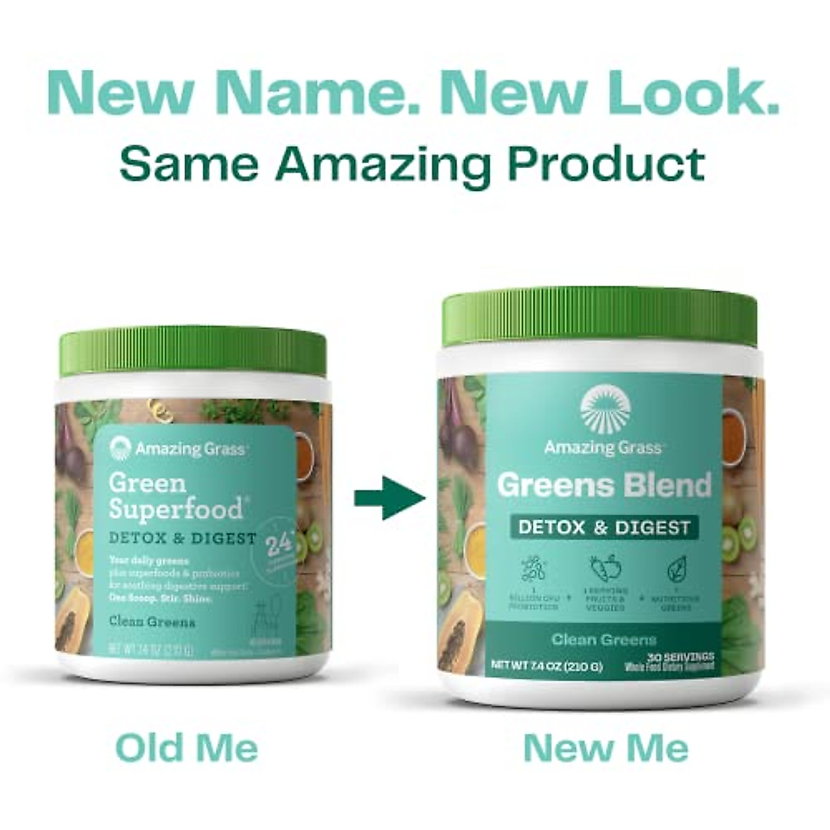 Amazing Grass Greens Blend Detox & Digest: Smoothie Mix, Cleanse with Super Greens Powder, Digestive Enzymes & Probiotics, Clean Green, 30 Servings (Packaging May Vary)