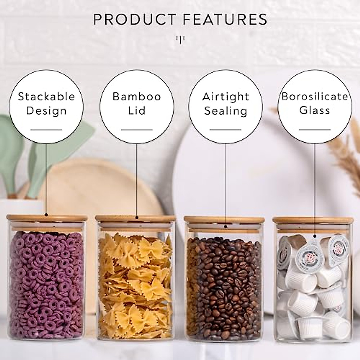 Laramaid Glass Jar Set (3x22oz/3x35oz) Set of 6 with 160 Minimalist Pantry Labels, Round Canister Jars with Bamboo Lids and Transparent Customized Sticker Labels, Food Storage Containers