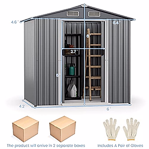 Goplus 6' x 4' Outdoor Storage Shed, Weather-Resistant Galvanized Metal Tool House w/ 4 Air Vents, Lockable Sliding Doors, Ramp, Gloves, Utility Tool Organizer for Garden, Farm, Yard