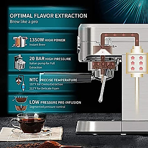 Gevi 20 Bar Compact Professional Espresso Coffee Machine with Milk Frother/Steam Wand for Espresso, Latte and Cappuccino, Stainless Steel, 35 Oz Removable Water Tank (Machine)