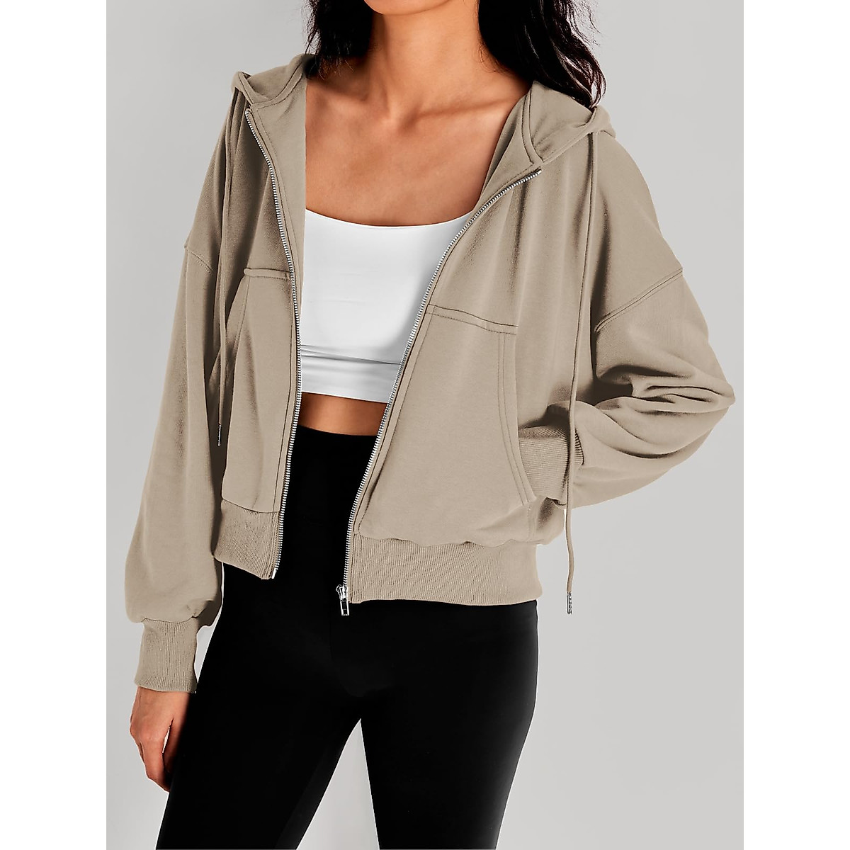 Trendy Queen Hoodies for Women Full Zip Up Cropped Sweatshirts Jackets Casual Comfy Gym Tops Fall Outfits Winter Clothes 2024 Khaki
