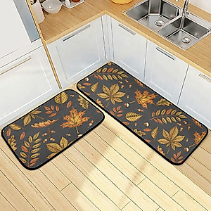 Emelivor Autumn Fall Kitchen Mat Set of 2 Anti-Fatigue Kitchen Rug Set Non Slip Cushioned Heavy Duty Memory Foam Kitchen Rugs and Mats Comfort Mat for Farmhouse Doormat Laundry