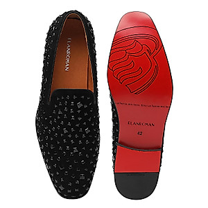 ELANROMAN Loafers Men Black Dress Fashion Tuxedo Rhinestones Slip-on Moccasins Wedding Shoes US 10.5