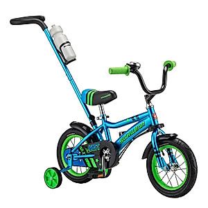 Schwinn Grit Push Steer and Ride Kids Bike, Boys Beginner Bicycle, 12-Inch Wheels, with Training Wheels, Parent Push Handle, Water Bottle and Holder, Blue