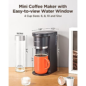 Famiworths Mini Coffee Maker Single Serve, Instant Coffee Maker One Cup for K Cup & Ground Coffee, 6 to 12 Oz Brew Sizes, Capsule Coffee Machine with Water Window and Descaling Reminder, Black