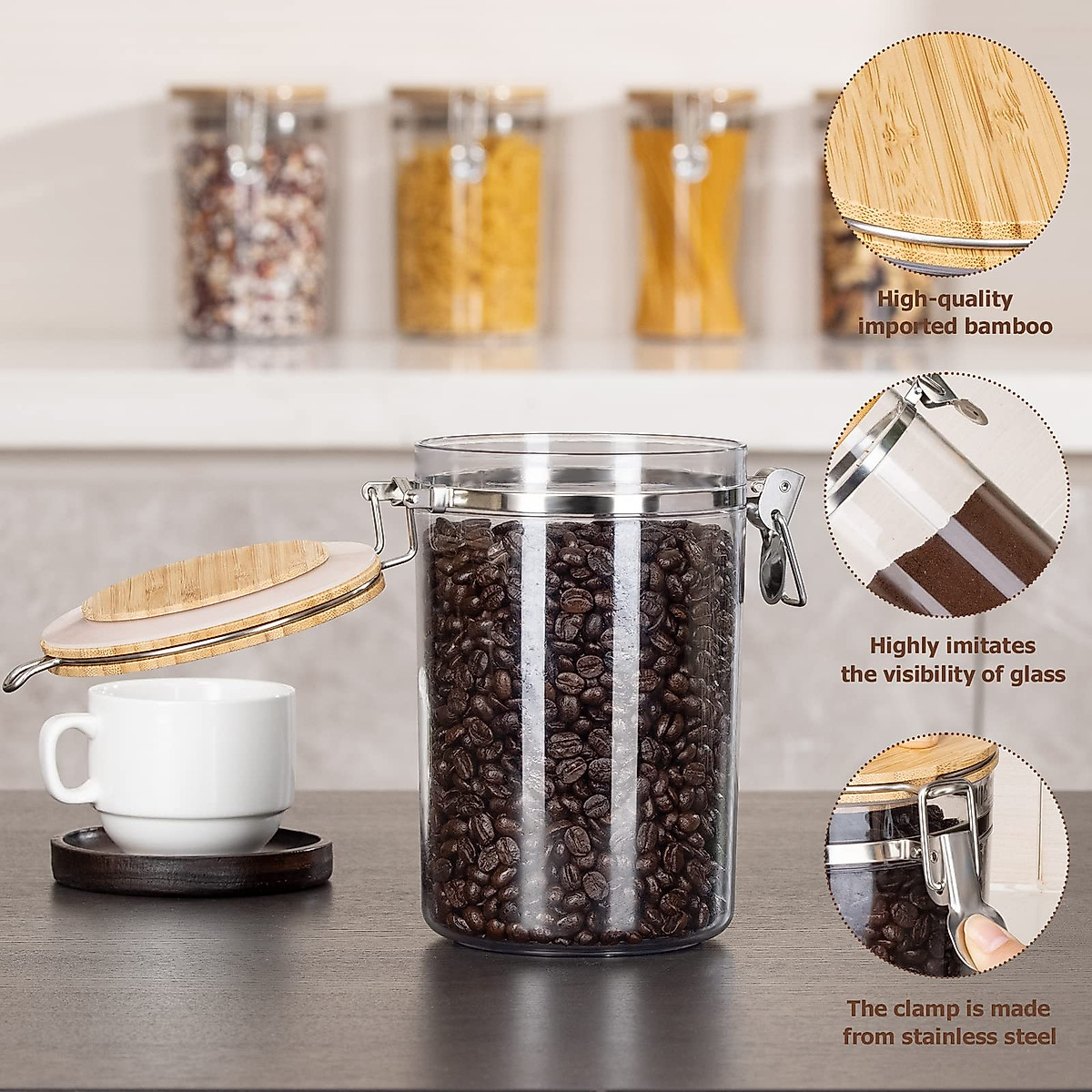 Coffee Canister Sets for Kitchen Counter,4PCS Coffee Grounds Container Coffee Bean-Plastic Food Storage Jar with Lid Airtight Locking Clamp for Grain/Sugar,Large Capacity Storage Container for Kitchen