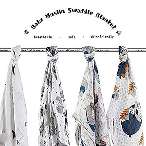 Viviland Muslin Baby Swaddle Blankets, Bamboo Cotton Soft Nursery Swaddle for Newborn Boys and Girls, Gender Neutral Receiving Blankets for Infants, Raccoon & Fox Pattern, 47 * 47 inches 4 Pack