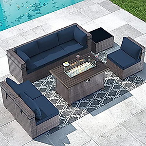 Gotland 8 Piece Outdoor Patio Furniture Set with Gas Fire Pit Table Patio Furniture Sectional Sofa w/43in Propane Fire Pit, 55,000 BTU Auto-Ignition Firepit w/Glass Wind Guard