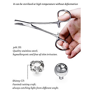 Vsnnsns 316L Surgical Stainless Steel 3MM Dermal Anchor Piercing Clamps Forceps Pliers with 3mm Internally Threaded G23 Solid Titanium Ball CZ Dermal Anchor Piercing Jewelry Kit Tools