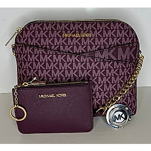 Michael Kors Jet Set Travel MD Dome XCross Crossbody bundled with SM TZ Coinpouch Purse Hook (Signature MK Bordeaux/Bordeaux)