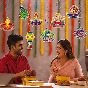 12 PCS Diwali Decorations,Diwali Hanging Swirls Party Decoration Streamer Banner for Home Diwali Indian Style Party, Diwali Deepavali Streamer for Themed Party Supplies Festival of Lights Party Decor