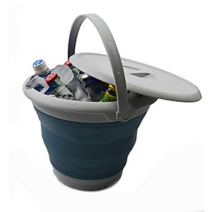 SAMMART 8.5L (2.2 Gallon) Collapsible Plastic Bucket with Lid - Foldable Round Tub with Lid - Portable Fishing Water Pail - Space Saving Outdoor Waterpot. Size 31cm Dia (Grey/Steel Blue, 1)