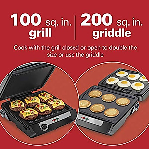 Hamilton Beach 4-in-1 Indoor Grill & Electric Griddle Combo with Bacon Cooker, Opens Flat to Double Cooking Surface, Removable Nonstick Plates, Black & Silver (25601)