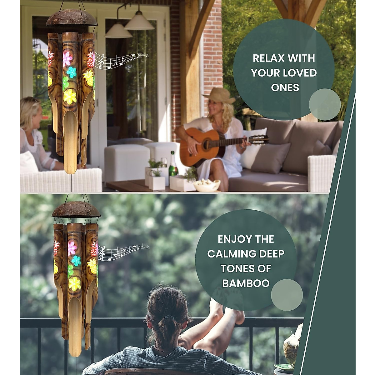 Nalulu Piney Bamboo Wind Chimes - Outdoor Wood Wooden Windchimes, Tropical Design with Coconut Crown, Handcrafted with Calming Deep Tones, Ideal Home Decor or Gift for Any Occasion