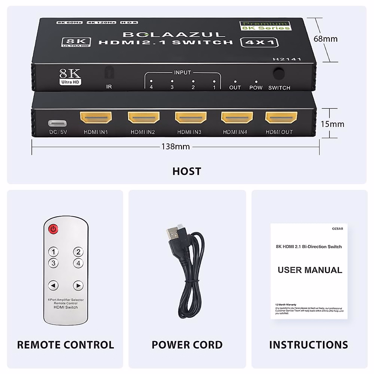 8K HDMI 2.1 Switch 120Hz 4K 4 in 1 Out, BolAAzuL 8K@60Hz HDMI 2.1 Splitter Switcher Selector Box 4-Port with Remote 4K 120Hz 2K 144Hz, HDMI 4x1 HDR, 48Gbps, CEC, Dolby Vision, for Xbox Series X PS5