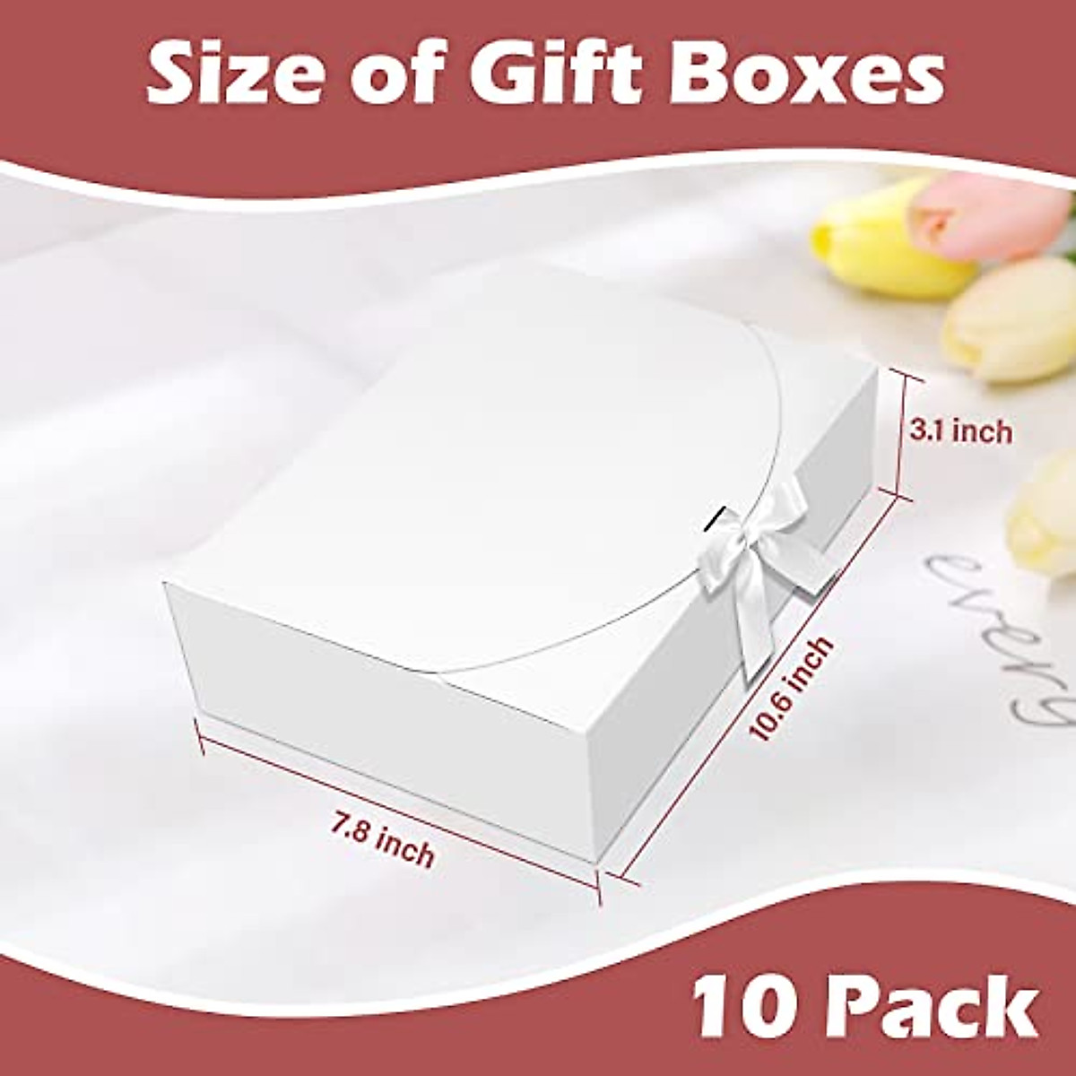 BoShahai 10 PCS Gift Boxes with Lids, 10.6x7.8x3.1 Inch Kraft Paper Gift Box, White Gift Boxes with Ribbon, Bridesmaid Proposal Box for Wedding, Packaging, Present, Birthday, Cupcake Boxes
