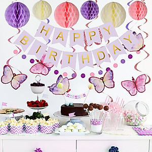 meowtastic Purple Birthday Decorations - Purple Happy Birthday Banner with Honeycomb Ball, Butterflies Hanging Swirl Streamer, Circle Dot Garland Decoration - Birthday Party Decoration for Women Girl