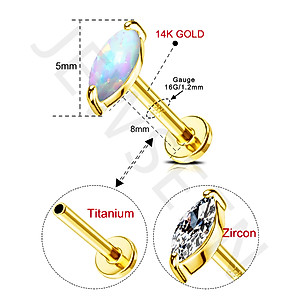 Jewseen 14K Solid Gold Push in Lip Rings G23 Titanium Labret Studs CZ Cartilage Earring 16g Tragus Helix Piercing Jewelry Flat Back Stud Nose Ring Stud Earring for Women Men