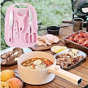 Mini Travel Cutting Board Set, 4 Pcs Portable Mini Camping Plastic Cutting Board & Knife, Fruits & Vegetable Peeler Scissors(Pink)