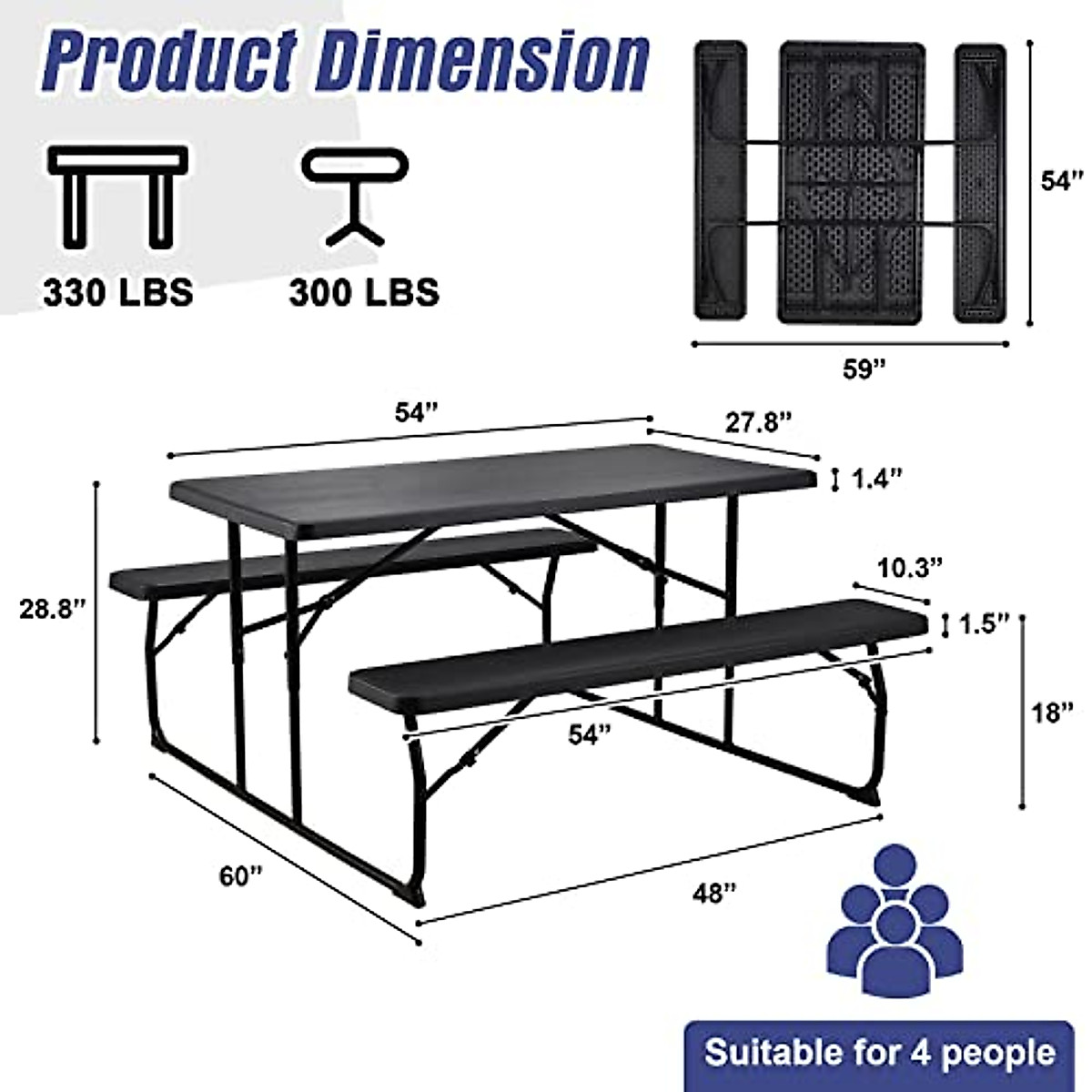 Haddockway Folding Picnic Table with Bench for Outdoors Wood-Like Plastic Table Top and Metal Frame Portable Camping Picnic Table Kit for Backyard Poolside Garden Patio Lawn Dining Party