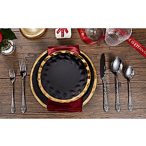 Fivent 24-Piece Black Floral Damask Rose Silverware Set, Service for 4, Stainless Steel Flatware Set with Steak Knives, Mirror Polished Cutlery Set, Hand Wash Recommended