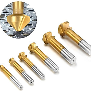 KEWAYO 3 Flute 90 Degree HSS Chamfering Tool Bit Countersink Drill Bit Set for Metal Wood Plastic Woodworking Metal Working Tool Bit Set, Pack of 6pcs