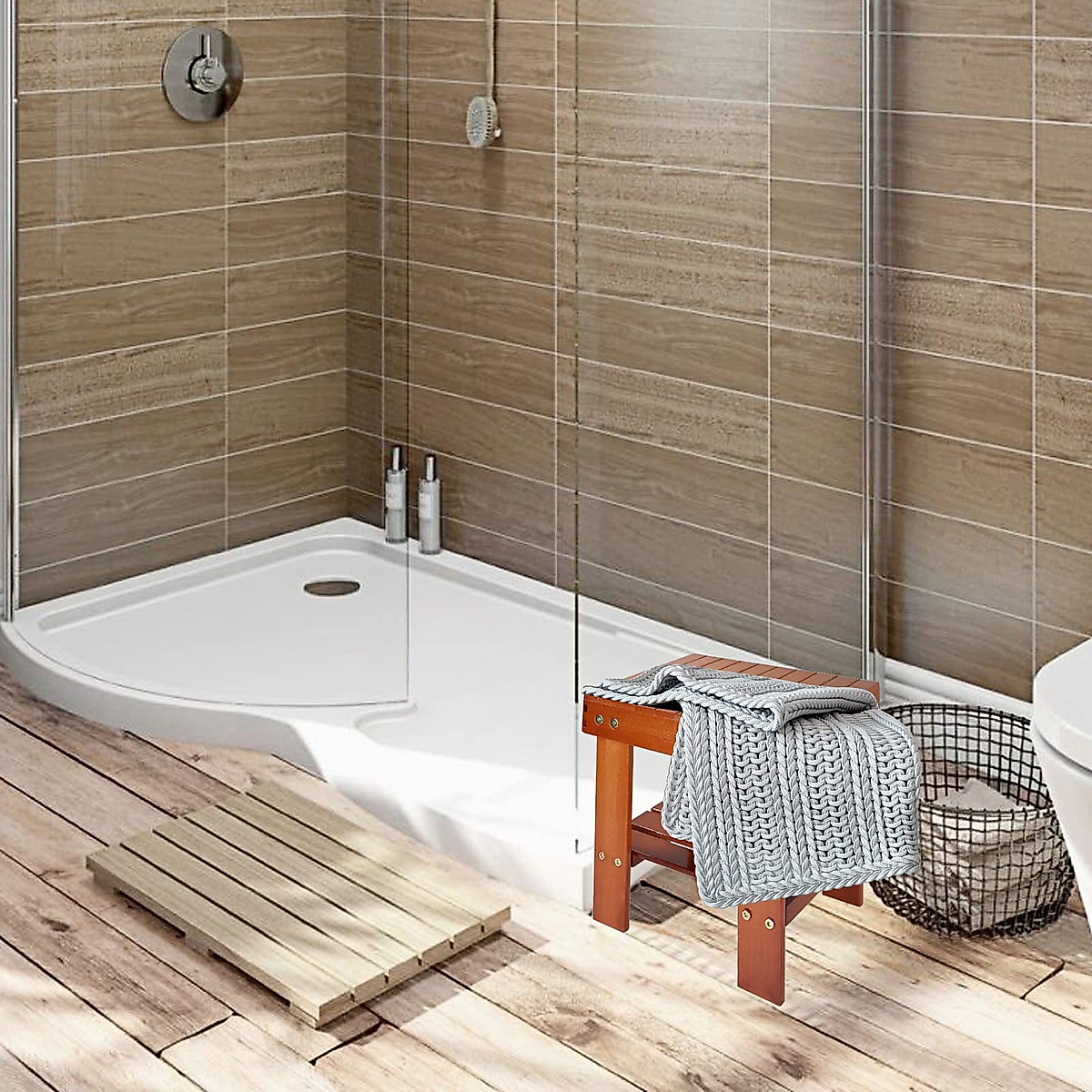 Bamboo Shower Bench Spa Stool 14 Inch Waterproof Shower Benches for Inside Shower with Storage Shelf, Small Wooden Seat Stool for Kids, Bathroom, Bedroom Kitchen Mudroom Foyer Entryway Shoe Bench