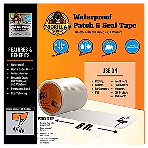 Gorilla Waterproof Patch & Seal Tape, 4" x 8', Clear, (Pack of 1)