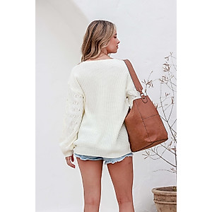 EVALESS Women's Long Sleeve Sweaters Fall 2024 Trendy Sexy Lace V Neck Knit Drop Shoulder Ladies Cute Winter Pullover Tunic Sweater Jumper Tops White Medium