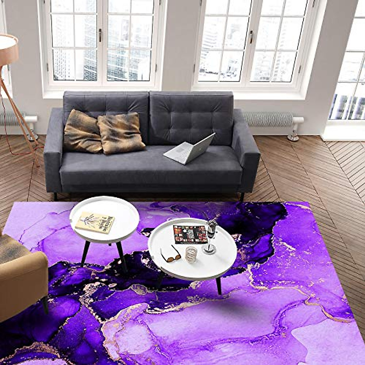Contemporary Non-Slip Area Rug Abstract Ink Paint Purple and Gold Marble Art Painting Printed Rugs Art Carnival Rubber Backing Living Room Floor Mats Rectangle Area Rug Carpet for Indoor 2'x3'