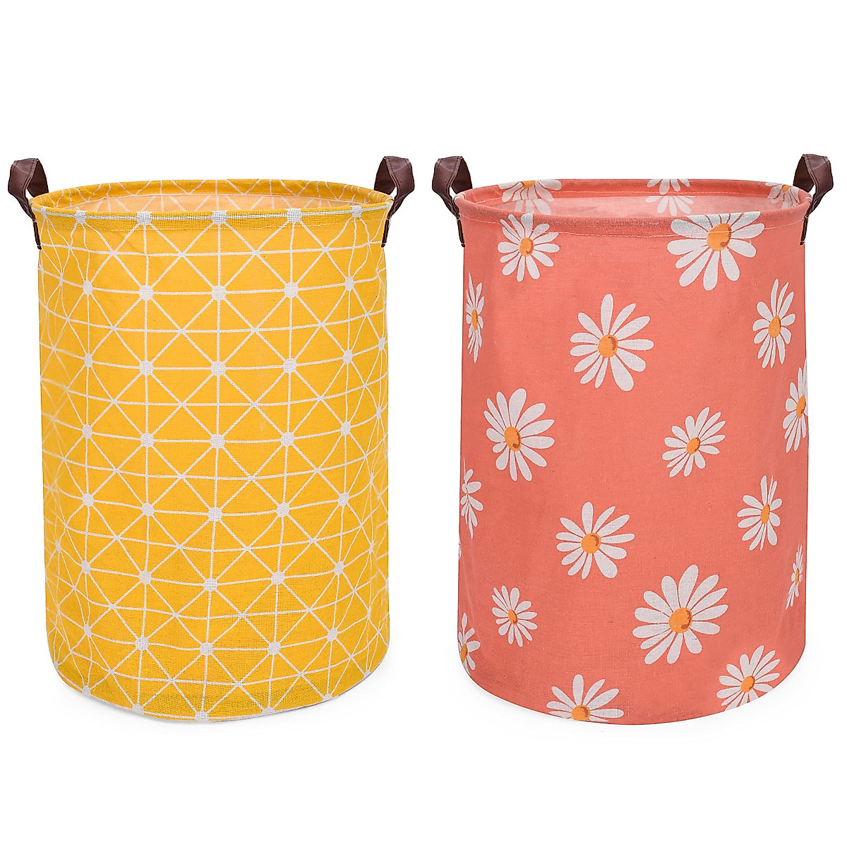 Seebel Strorage Basket,Nursery Hamper Canvas Laundry Basket Foldable with Waterprrof PE Coating Foldable Home Organizer for Kids Boys and Girls,Office,Bedroom,Clothes,Toys-Yellow Grid, Flower