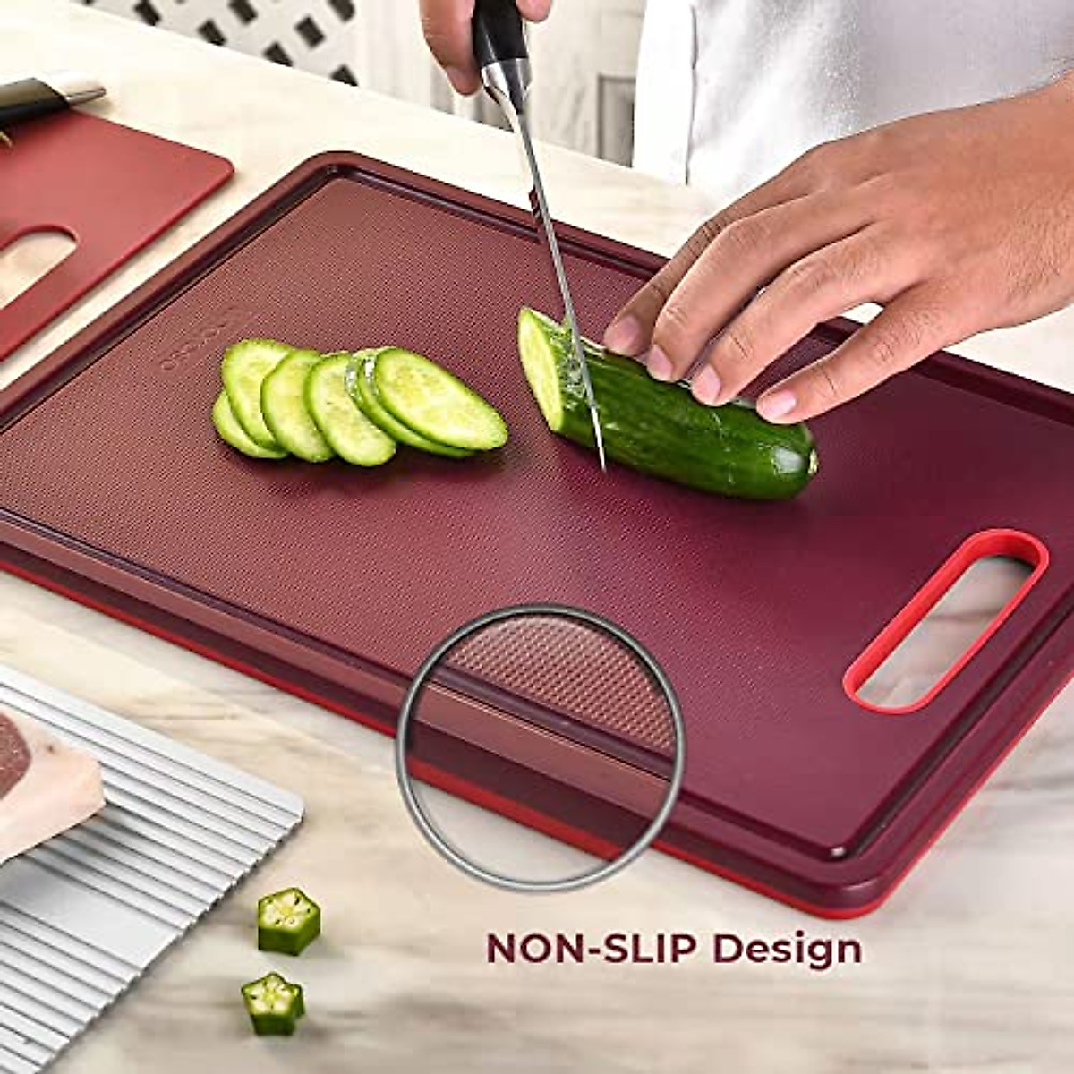 Linoroso Cutting Boards for Kitchen with Defrosting Tray Set of 3, Dishwasher Safe Plastic Cutting Board with Deep Juice Grooves, Non-Slip Durable Chopping Boards for Meat, Veggies, Fruits - Red