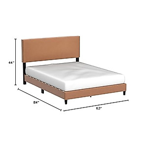 Edenbrook Platform Bed with Headboard – No Box Spring Needed – Faux Leather Upholstered Platform Bed Frame – Low Profile, Queen, Camel