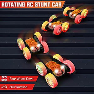 28℃ Remote Control Car Stunt RC Cars, 4WD Rechargeable RC Truck with Headlights Wheel Lights, Double Sided 360 Flips Stunt Toy Car for Kids Boys Girls 6 Year Old Christmas Birthday Gift (Orangered)