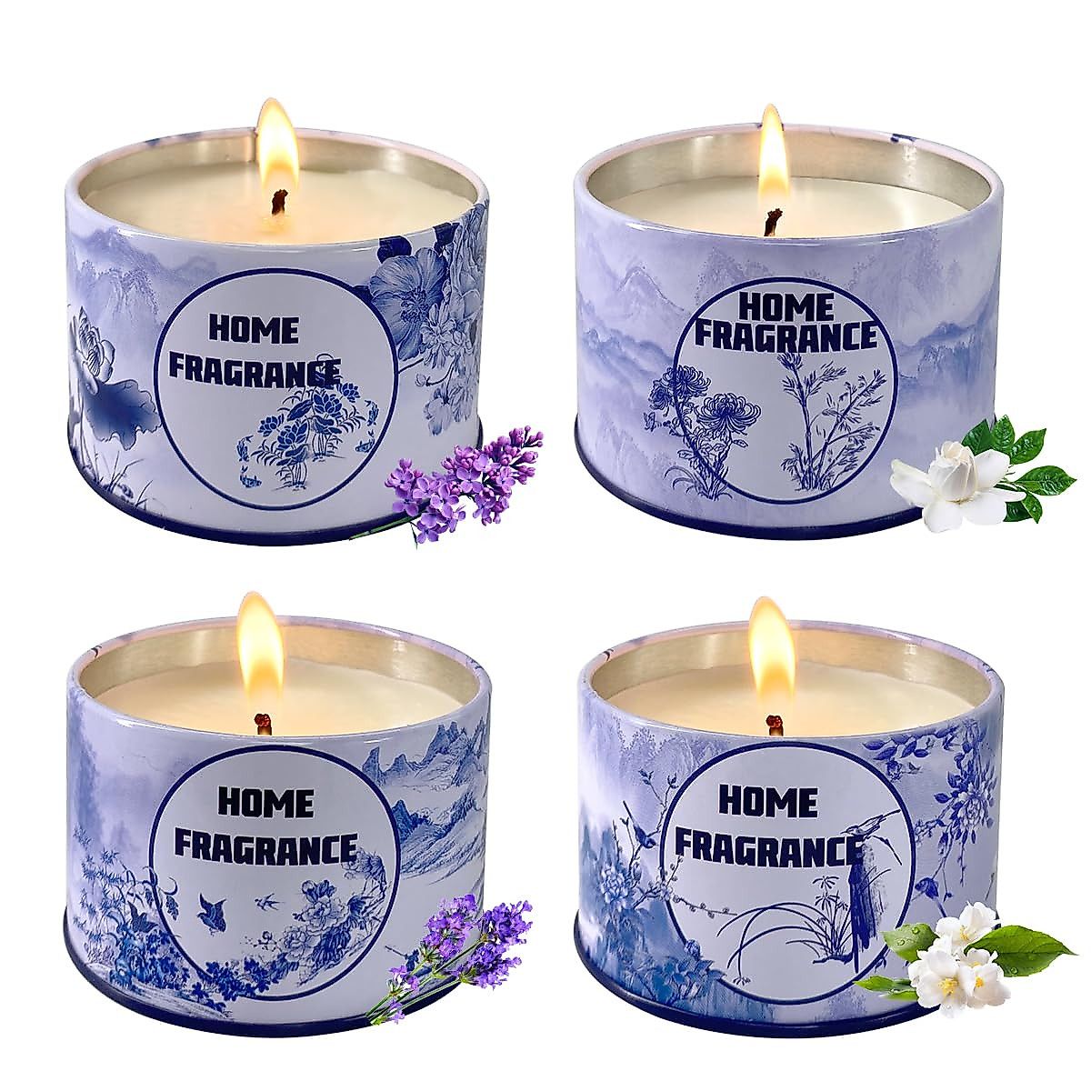 4 Pack Home Scented Candles - Strong Lavender, Vanilla Jasmine, Lilac & Gardenia Candle, 4.4 Oz, 100% Soy, Non-Toxic, Small Candle Set for Aromatherapy & Gifts