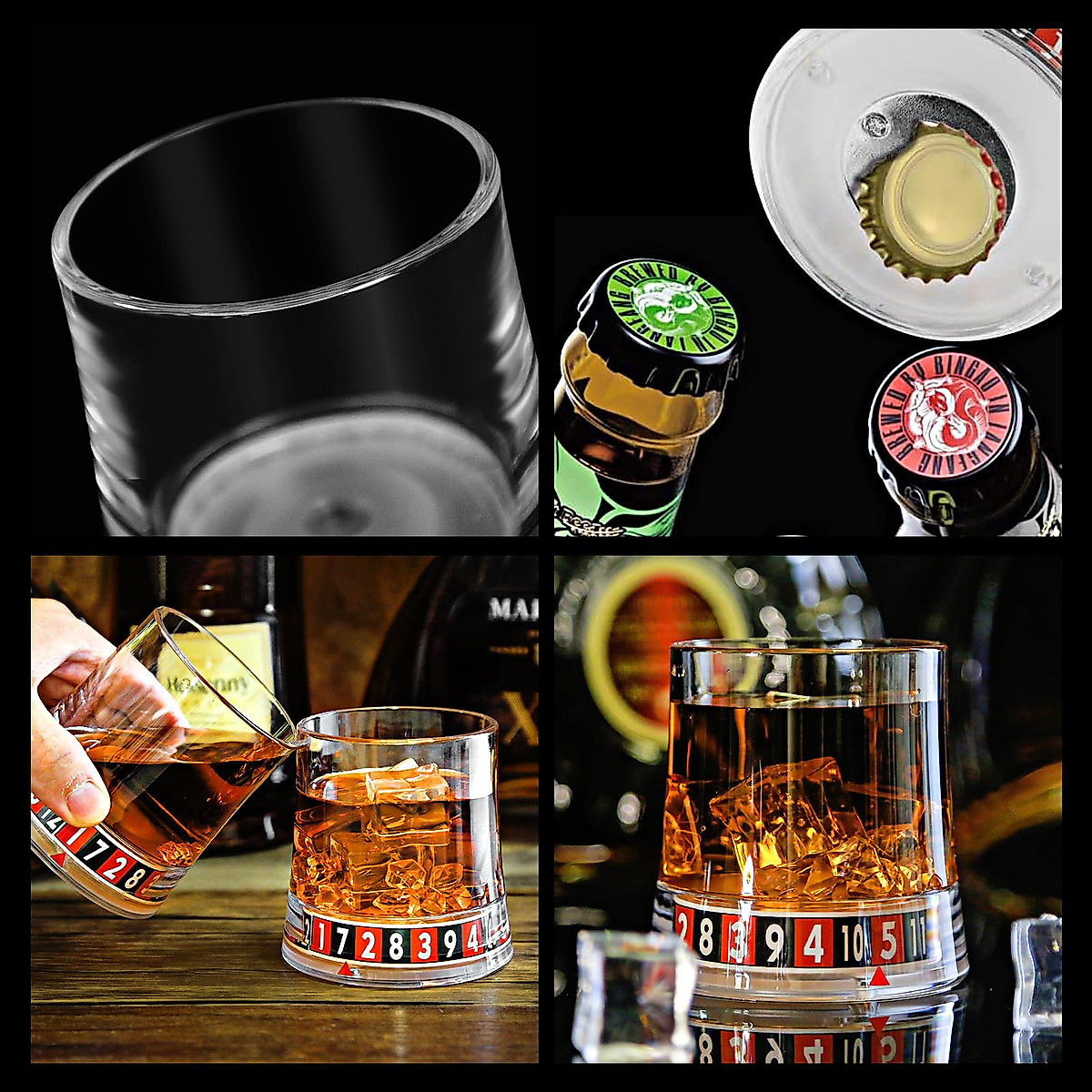 Acrylic Wine Glasses, 5 oz Clear Roulette Shot Spinning Whiskey Glasses, with Beer Bottle Opener, Plastic Reusable Drinking Glasses, Unique Gift for Men Husband Father (G)