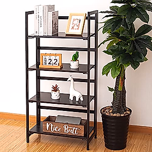Coral Flower Accent Utility 4-Tier Folding Bookshelf Standing Shelf Units Display Rack Storage Shelf Industrial Style Utility Shelving with Metal Frame & Wood Layer
