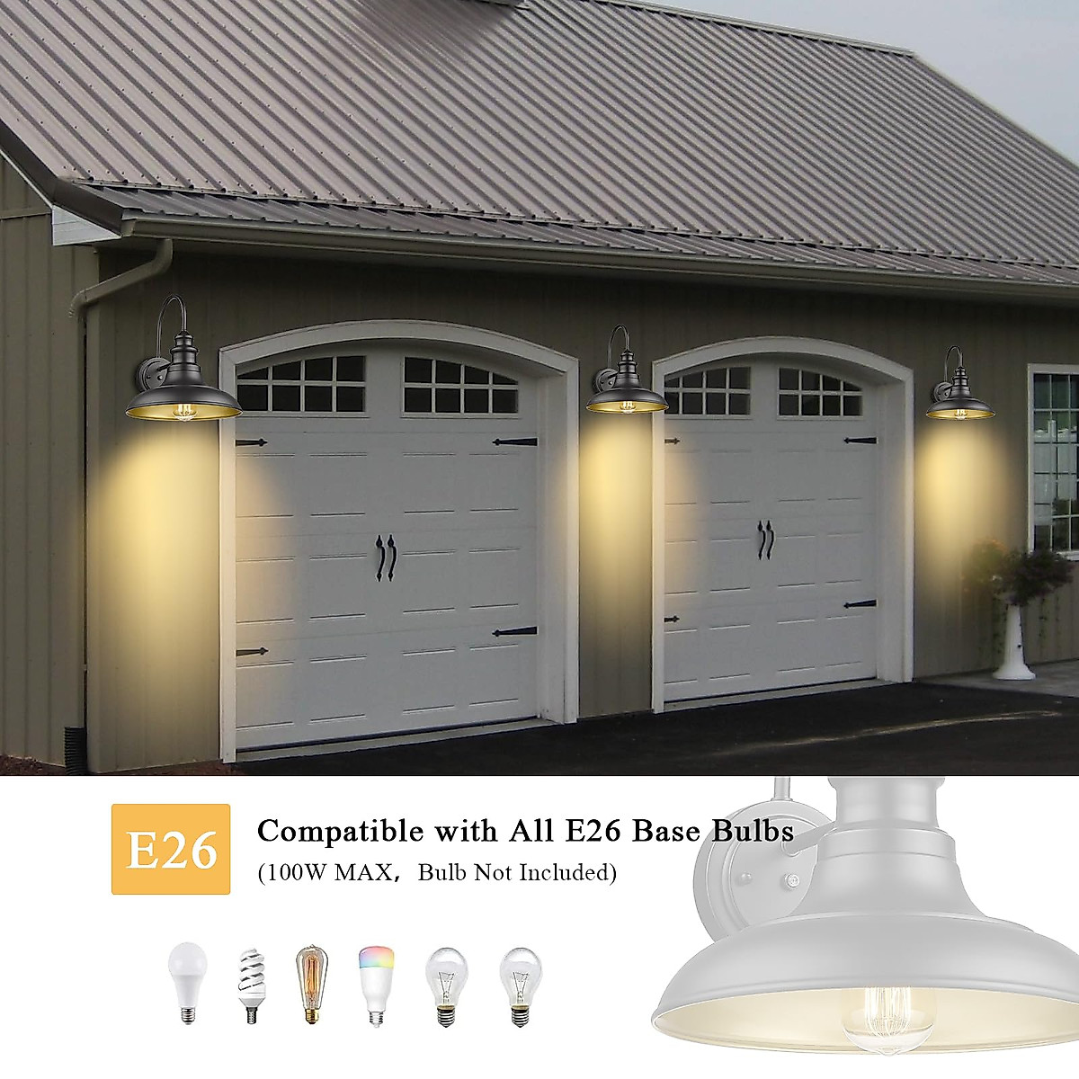 Dusk to Dawn Sensor Outdoor Barn Light Fixture, 12.3 Inch Dome Outdoor Wall Sconce Farmhouse Wall Mount Lights Exterior Gooseneck Light Fixture Black Finish Industrial Wall Lantern for Porch, 2Pack