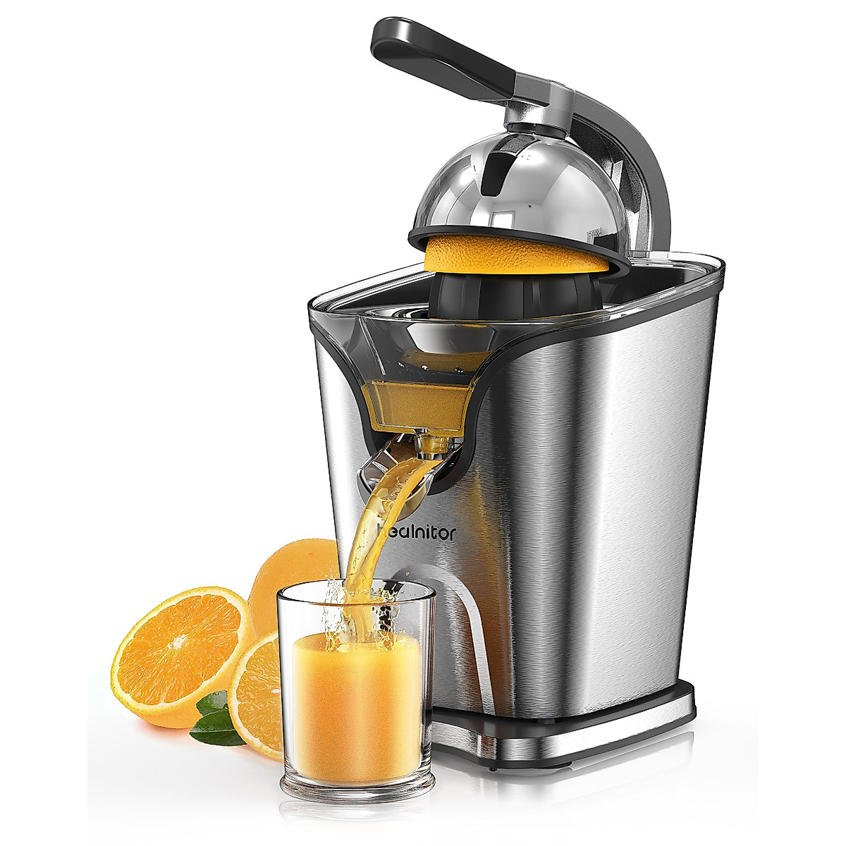 Healnitor 150W Electric Citrus Juicer Squeezer with 2 Cones, Stainless Steel Quiet Orange Juice Extractor Machines for Lime Grapefruit Lemon, Detachable Design