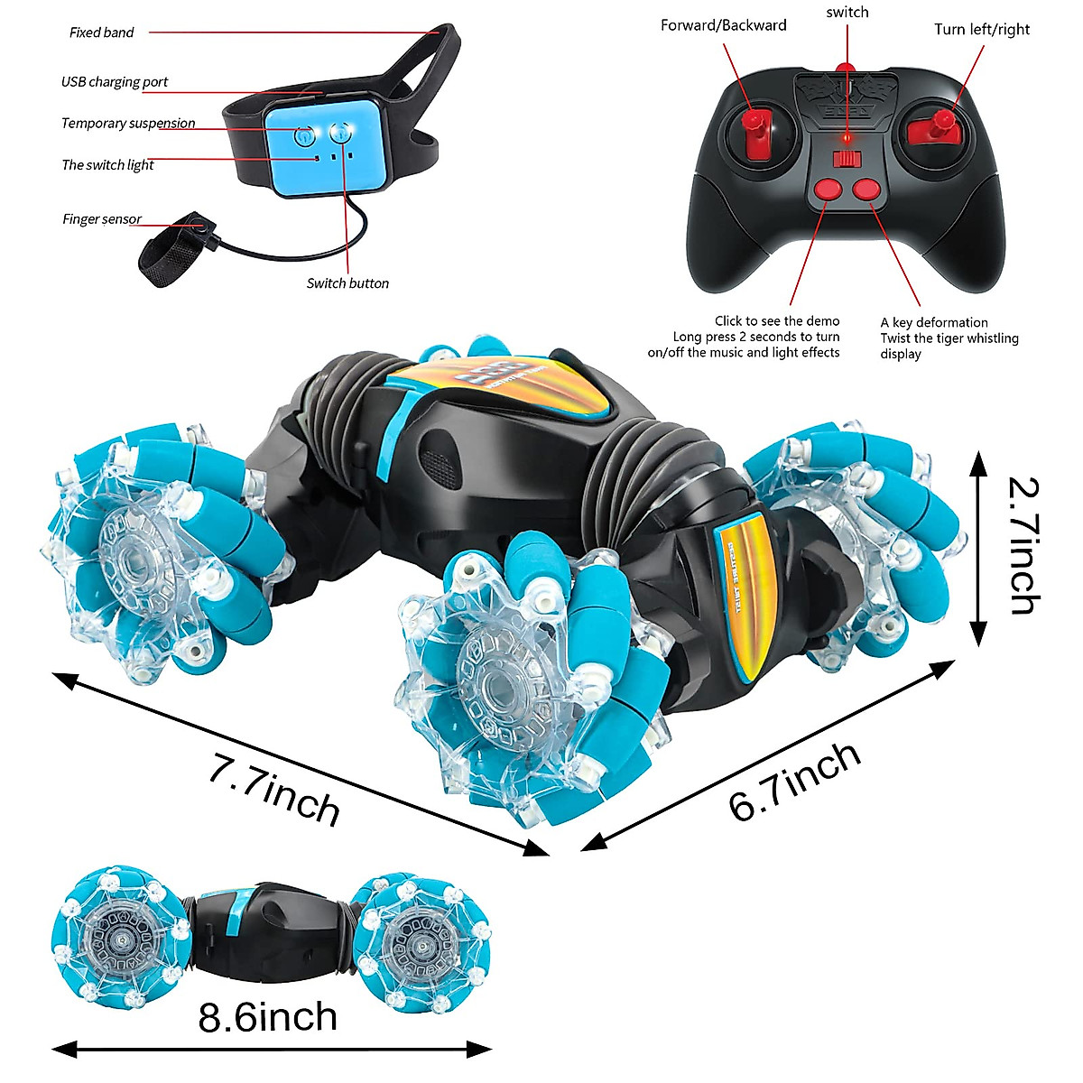 yotlik Remote Control Car Gesture RC Car 1:20 Scale 4WD Hand Controlled RC Cars for Kids and Adult 2.4Ghz RC Stunt Car Toys for 6-12 with 2 Batteries Cool Light Transform Car Gift for Boys Girls