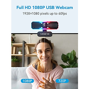 SOOMFON Gaming Webcam, 1080P 60FPS USB Streaming Web Camera with Adjustable Light, AutoFocus, Privacy Cover, Dual Noise-Cancelling Mics for Live Streaming, Video Conferencing, Teaching and More