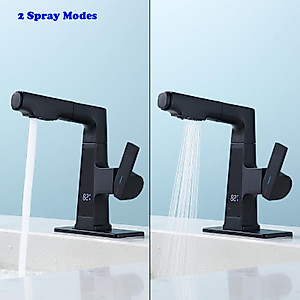Zexzen Black Bathroom Faucet with Pull Out Sprayer, LED Bathroom Faucet with Temperature Display Modern Sink Faucet for Kitchen RV Bar with 2 Spray Modes and Liftable Vanity Faucet with Deck Plate