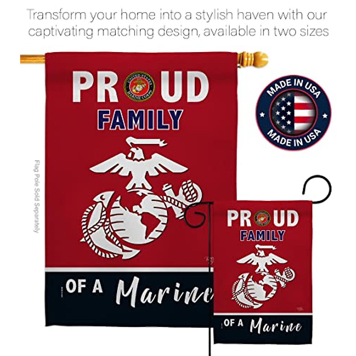 Breeze Decor Proud Family Garden Flag Set Mailbox Hanger Armed Forces Marine Corps USMC Semper Fi United State American Military Veteran Retire Official House Yard Gift Double-Sided, Made in USA
