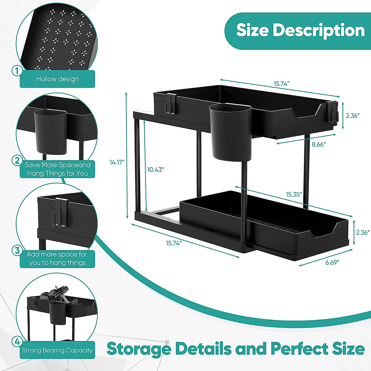 Jincancan Under Sink Organizer - Double Sliding Under Sink Organizers and Storage - 2 Tier Under Cabinet Organizer with 4 Hooks, Hanging Cup, Under Sink Storage for Kitchen