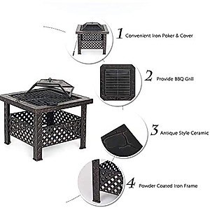 LEAYAN Garden Fire Pit Grill Bowl Grill Barbecue Rack Outdoor Fire Pit with BBQ Grill Shelf Metal Garden Fireplace Patio Firepit Stove Brazier Outdoor Fireplace BBQ Grill Poker,Outdoor Fire Pits