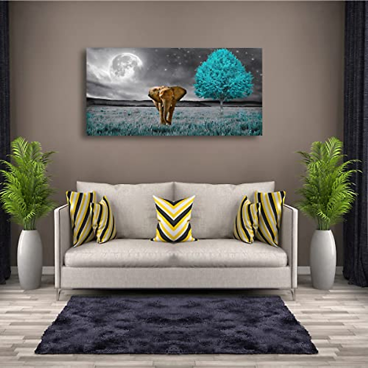 Canvas Wall Art Moon and Tree Picture Prints Paintings for Living Room Home Decor Black and White Background Animal Elephant Landscape for Bedroom Wall Decoration Natural Artwork 20x40Inches