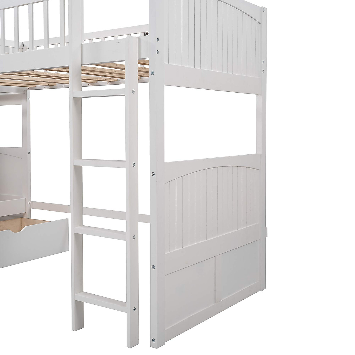 GLORHOME Twin-Over-Twin Triple Bed Wooden L-Shaped Bunk Bed with Ladders and 2 Storage Drawers, Space Saving Bedroom Furniture for Kids Teens