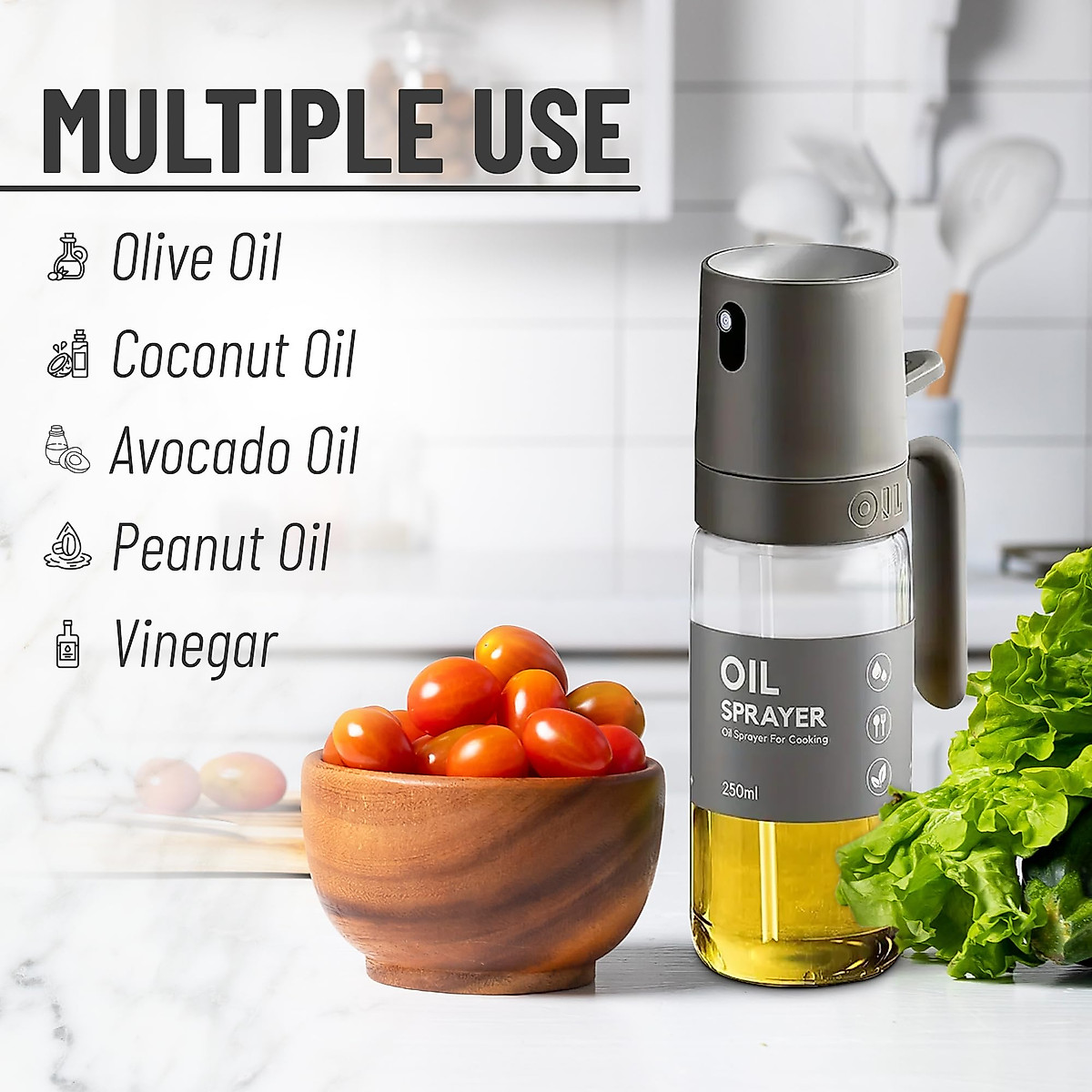 VuseOne Oil Sprayer Kitchen Gadget for Cooking High Borosilicate Glass Oil Sprayer Mister, 250ml Olive Oil Spray Bottle for AirFryer, Salad, BBQ, Kitchen Baking, Roasting, Dark Gray